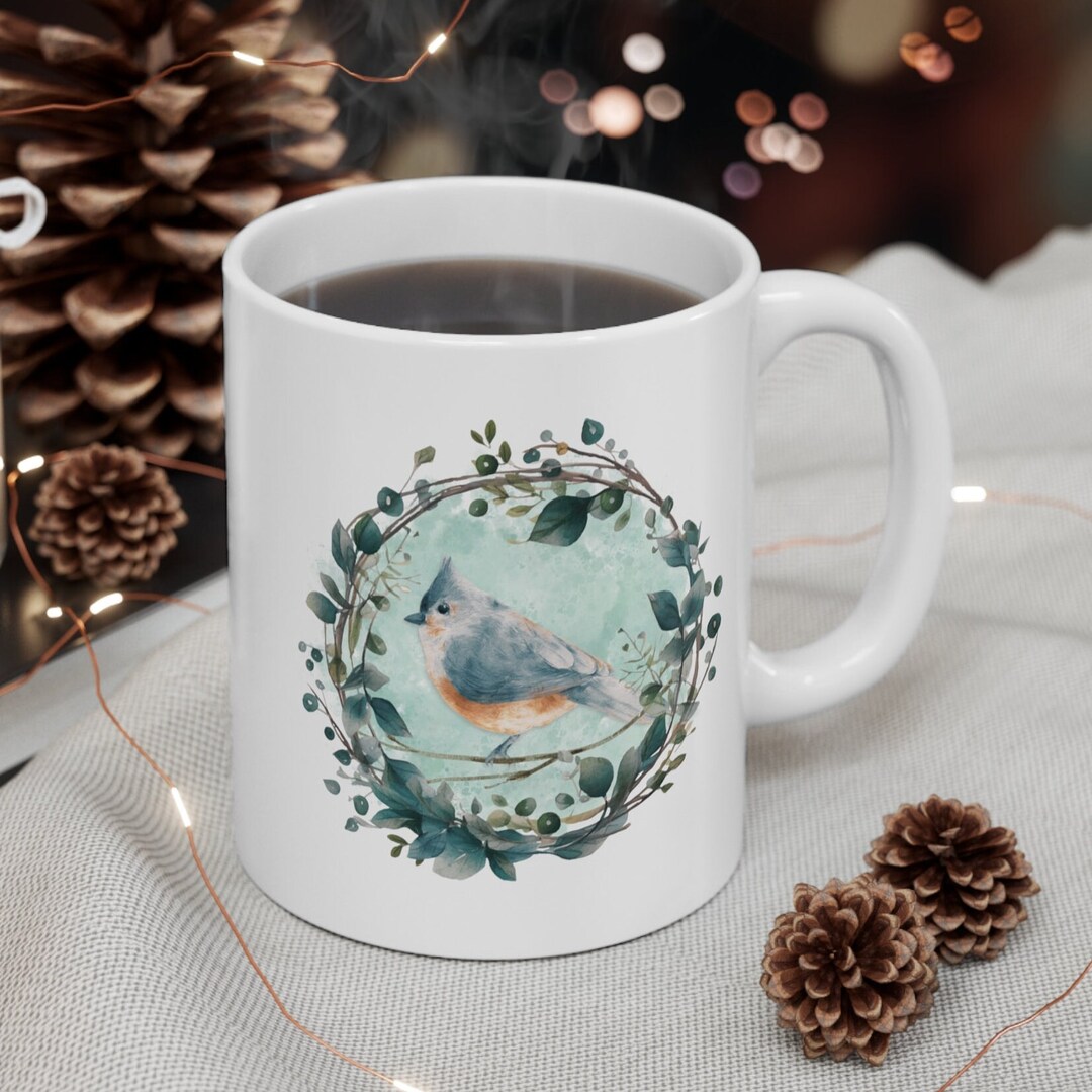 Winter Blue Tit Mug, Floral Mug, Cute Bird Mug, Nature Lover Gift, Bird ...