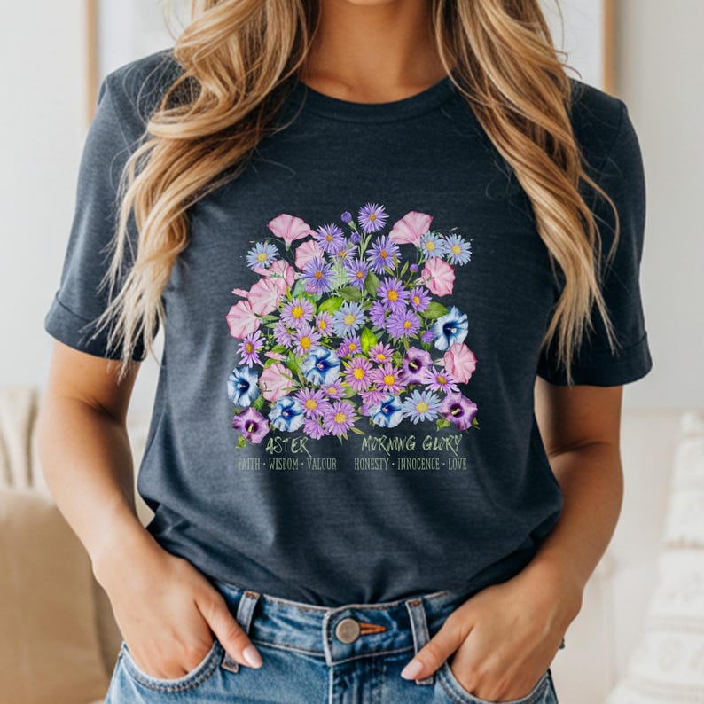 September Birth Flower Shirt, Aster and Morning Glory Tee, Minimalist ...