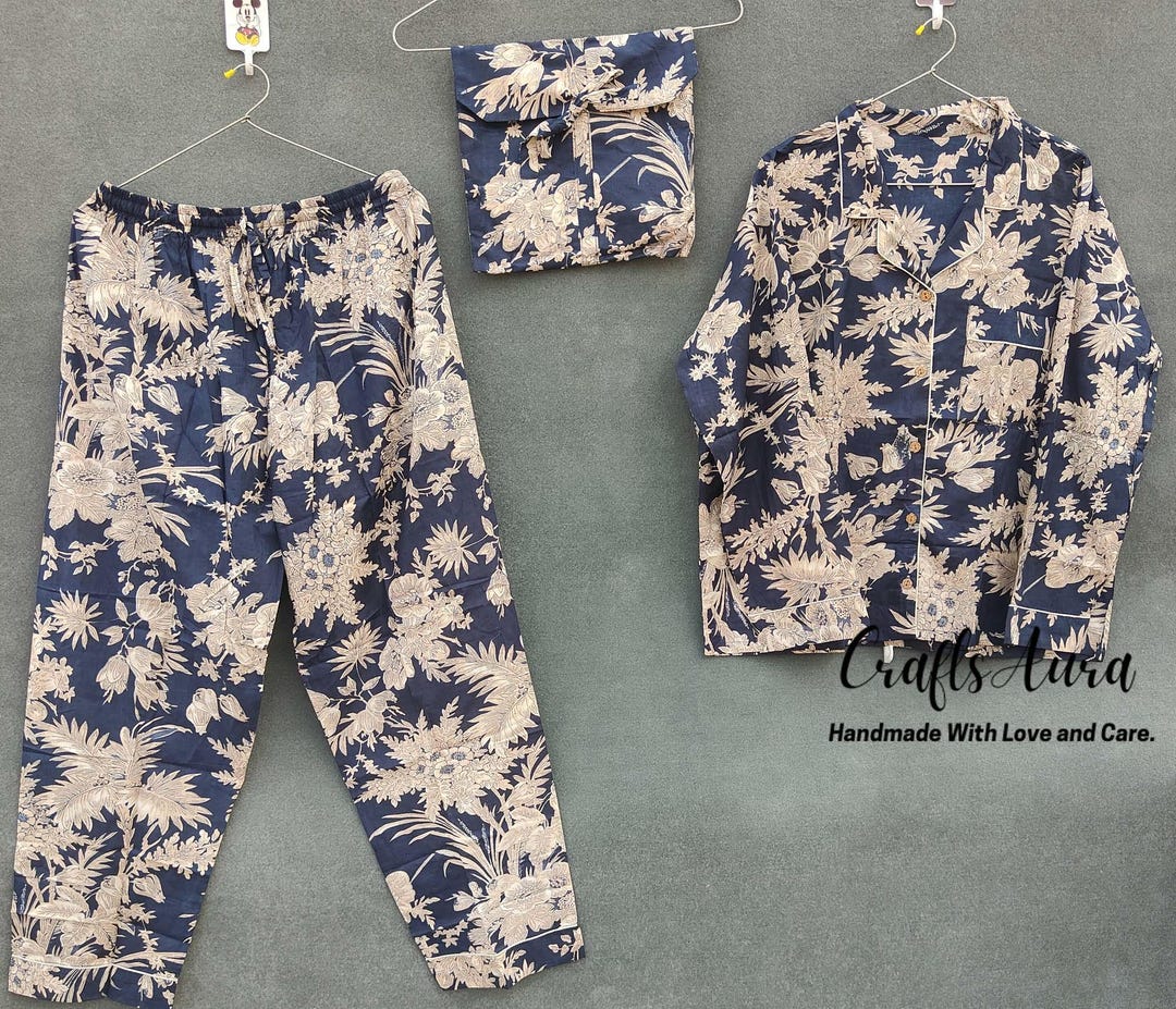 Blue Color PJ, Indian Cotton Pajama Set Handmade Block Printed Pajamas ...