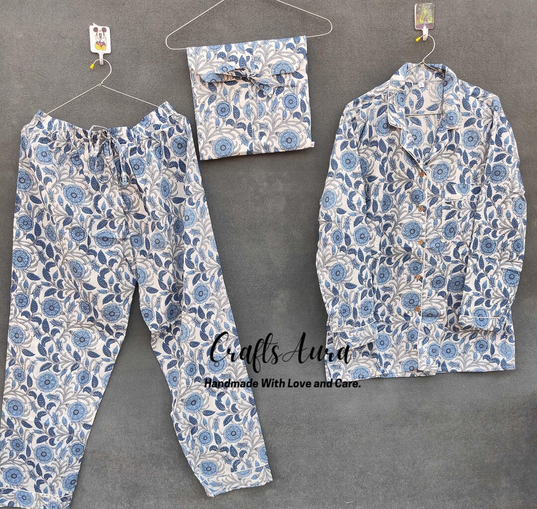 Blue Block Printed Cotton Pyjama Set Women Cotton Pajama Loungewear ...
