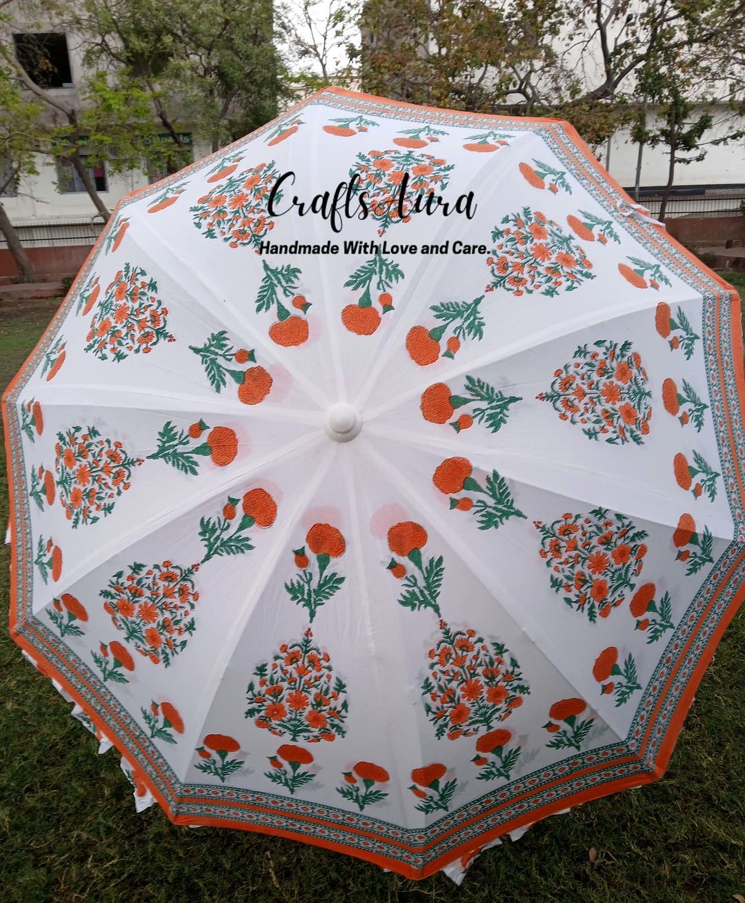 Orange Hand Block Printed Cotton Umbrella: Bohemian Patio Decor - Etsy
