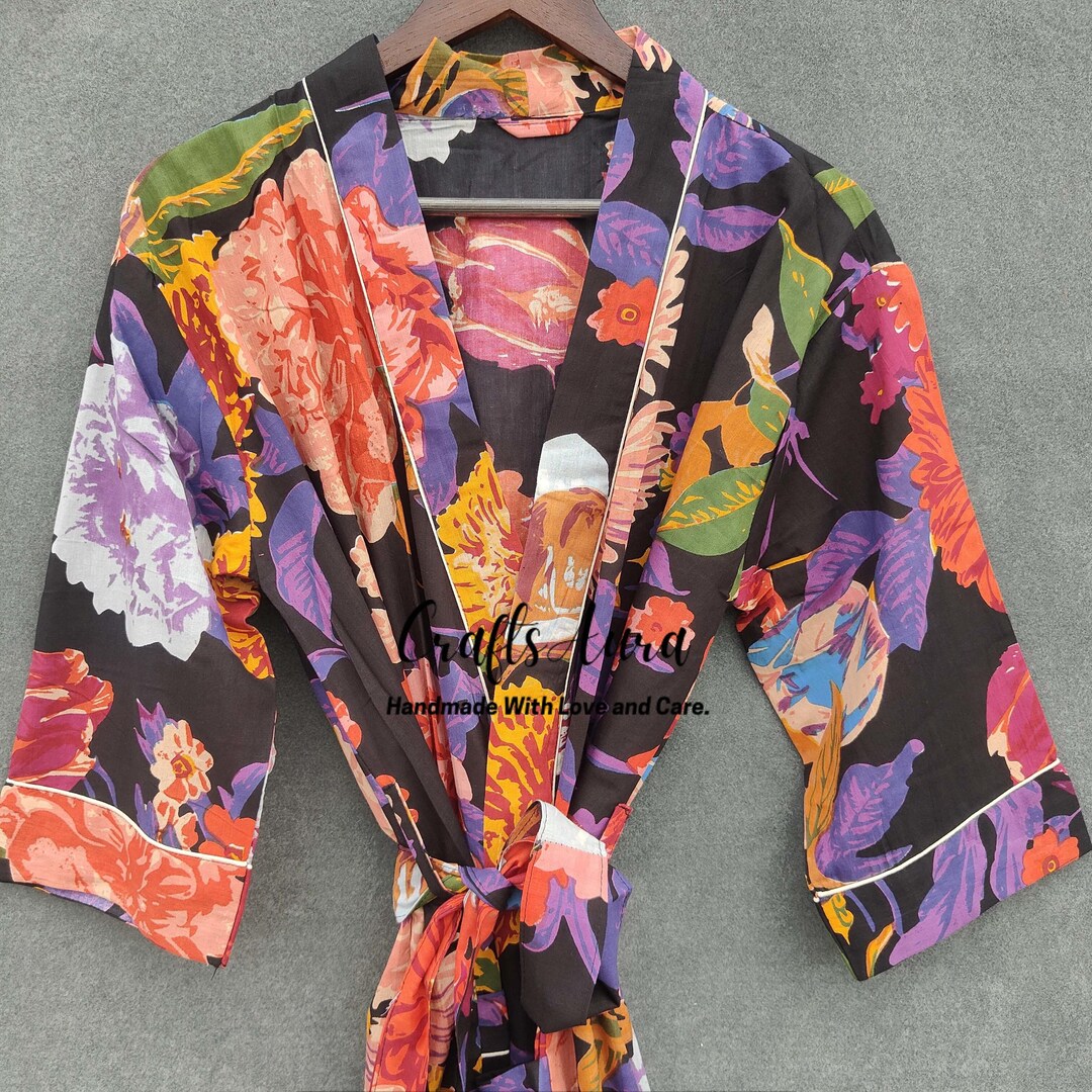 Long Kimono Boho Robe, Black Bohemian Kimono Robe, Floral Japanese ...