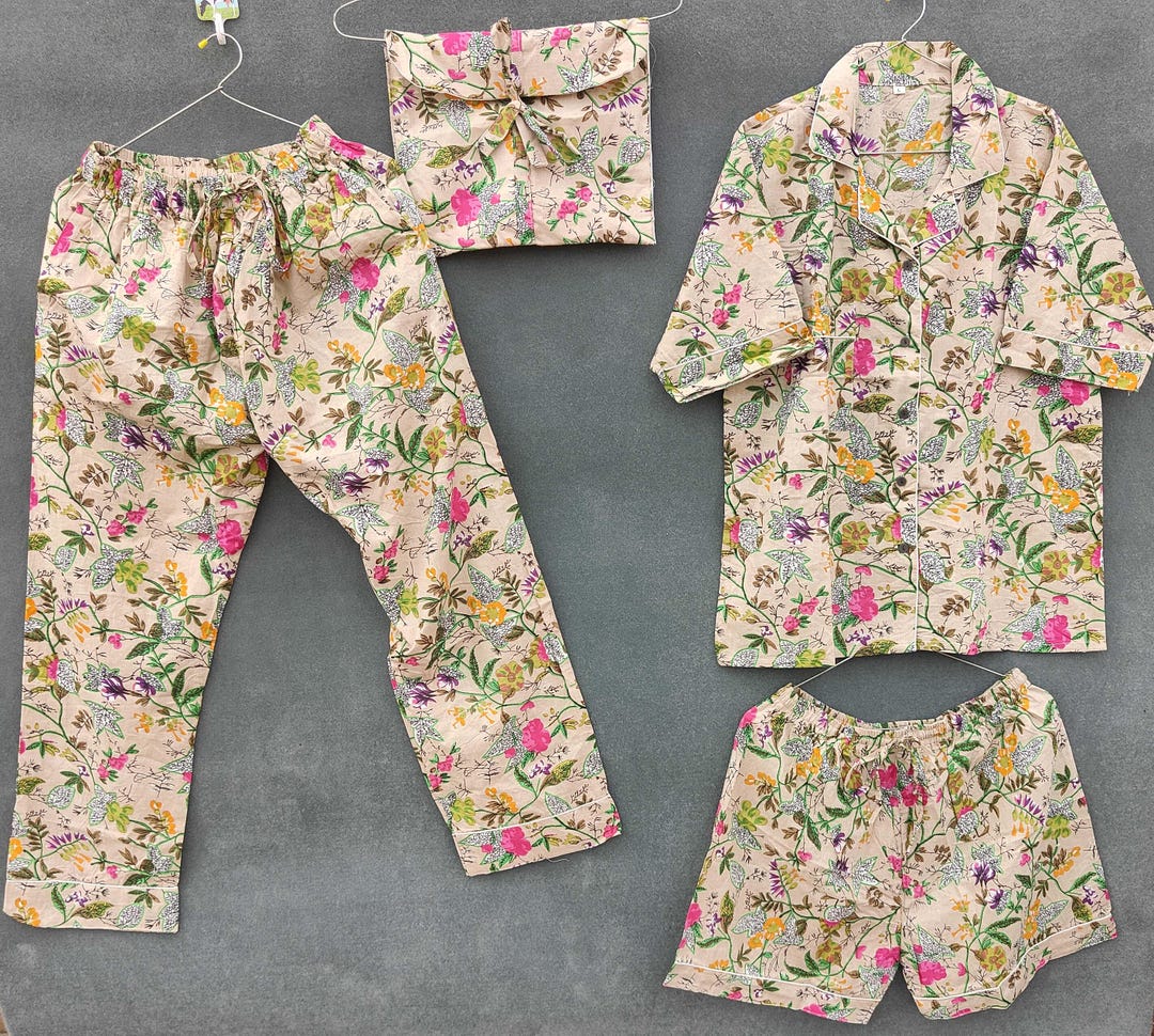 Beige Color PJ Set,100% Cotton Block Print Pajama Set, Night Wear ...