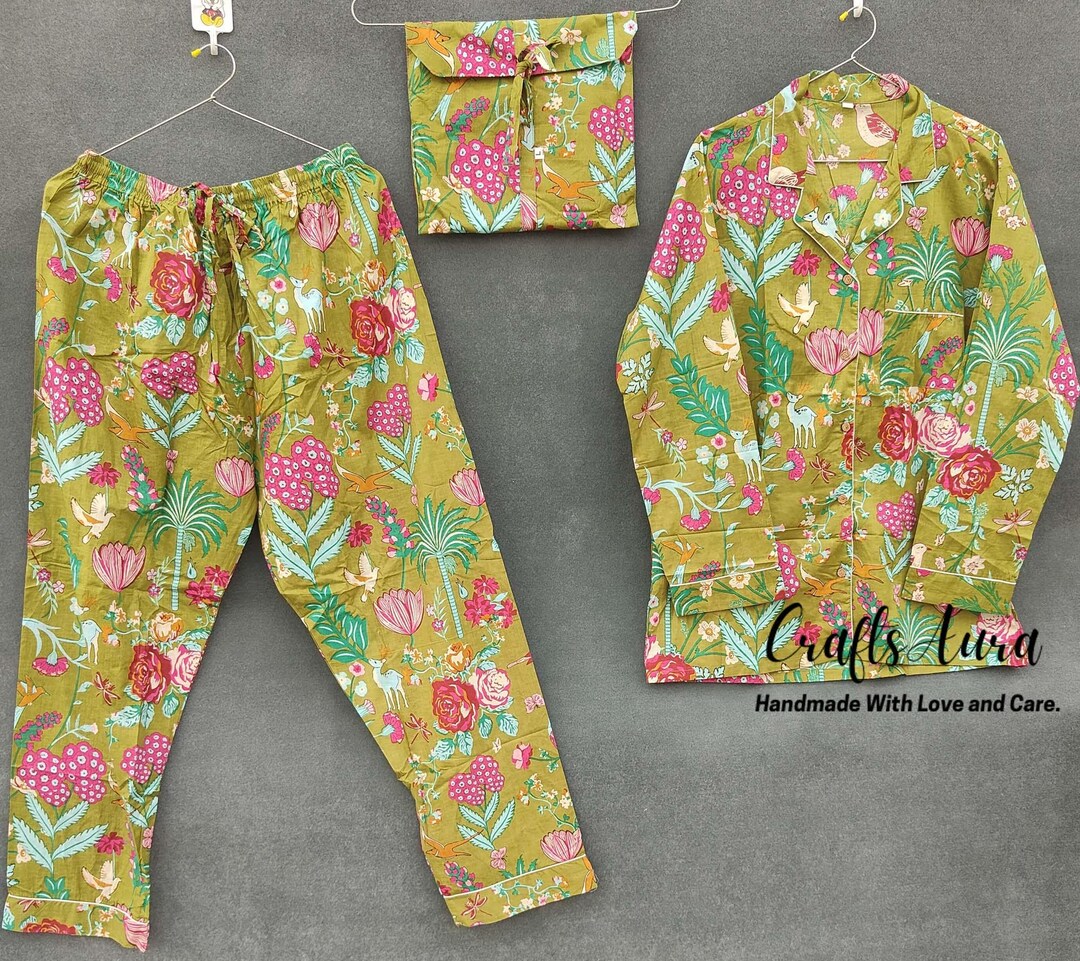 Green Pj Set Indian Cotton Pajama Set, Women Cotton Pajama - Loungewear ...