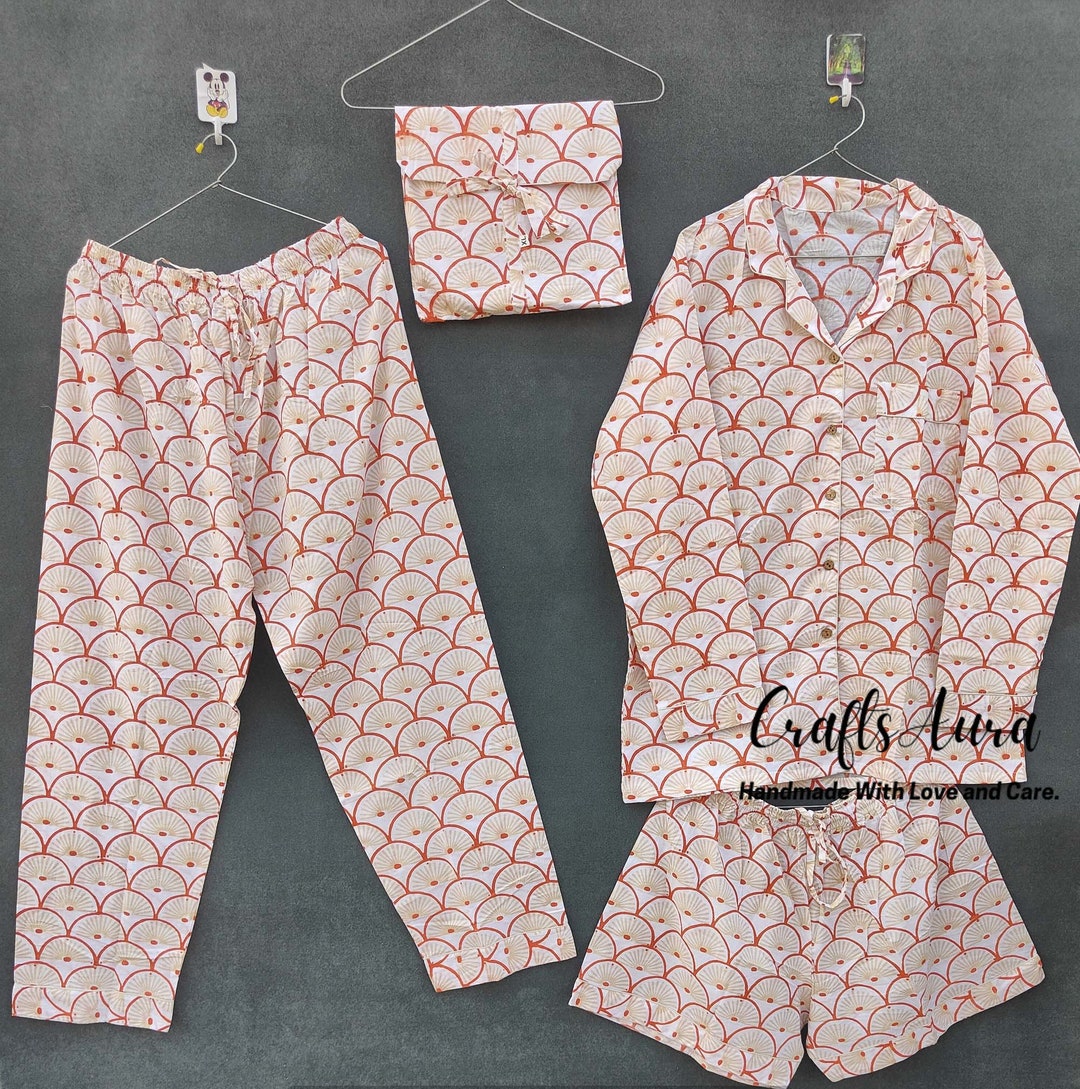 Handmade Cotton Pajama Set: Floral Print Nightwear With Hot Pants - Etsy