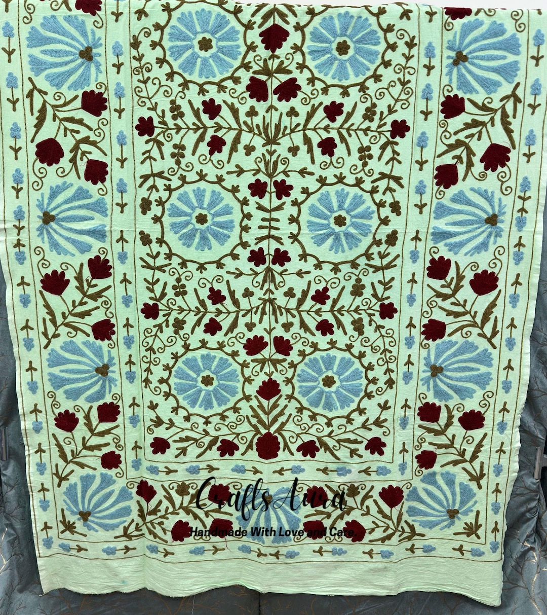 Hand Embroidered Cotton Suzani Bedcover, Artisan Floral Bedspread ...