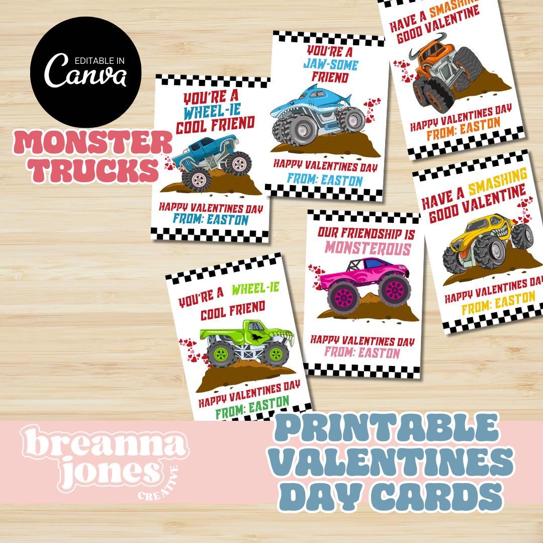 Editable Monster Truck Valentines Day Cards, Printable School Kids ...