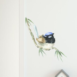 Large Watercolour Blue Wren on Branch Removable Fabric Wall Sticker for ...