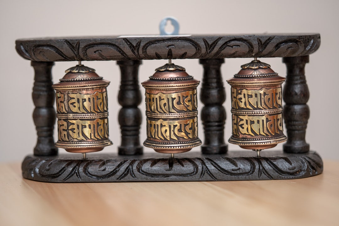Buddhism Prayer Wheel | 3 Wheel Wood Stand With Spiritual Mantra ...