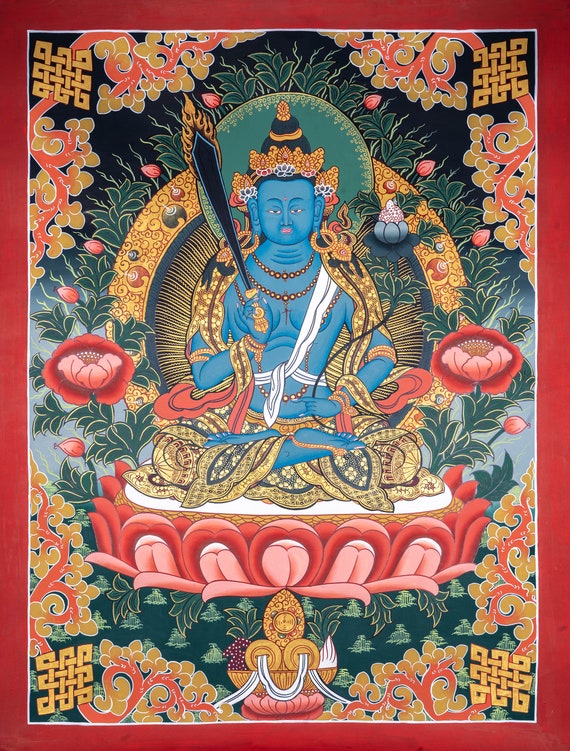 Sword of Wisdom Blue Manjushri Thangka Painting - Etsy