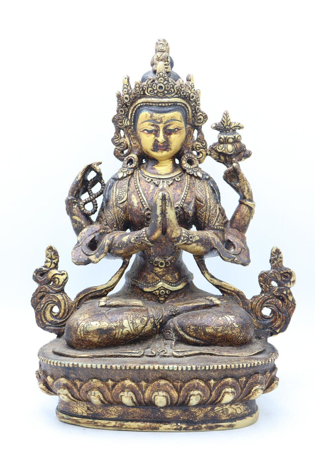 Handmade Antique Gold Statue of 4 Arm Chengrezi | Best for Meditation ...