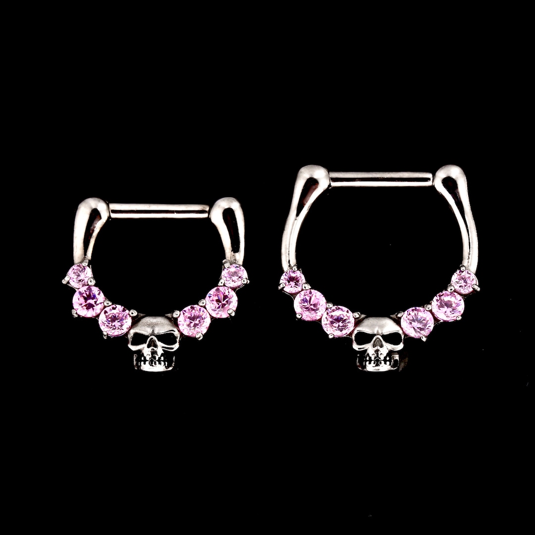Septum Clicker Skull Ring , Daith Clicker Skull Ring Set With Pink ...