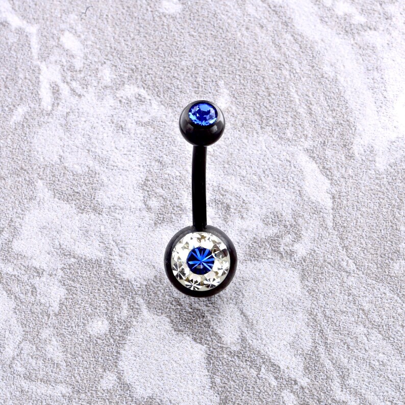 Black PVD Belly Button Ring – Swarovski White & Blue CZ, Surgical Steel ...