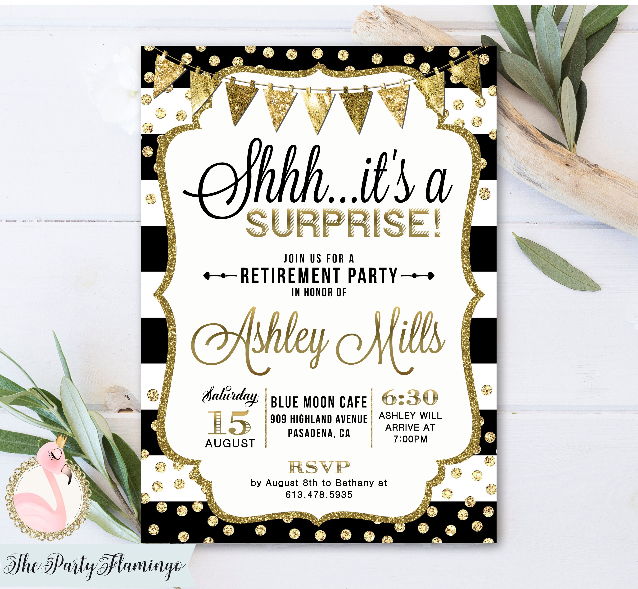 Elegant Floral Blue Gold Surprise Retirement Party Invitation 