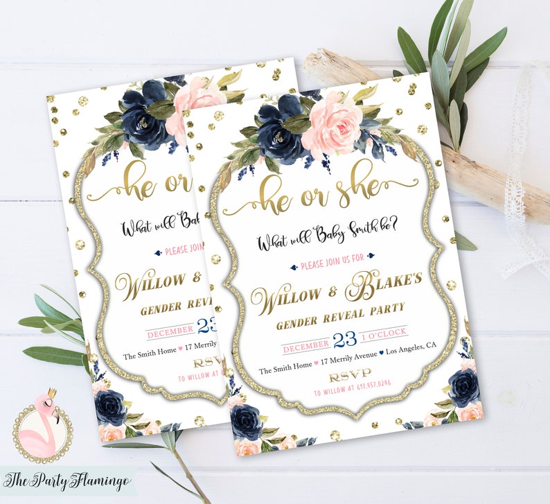 Navy Blue And Blush Pink Gender Reveal Invitation He Or She Etsy
