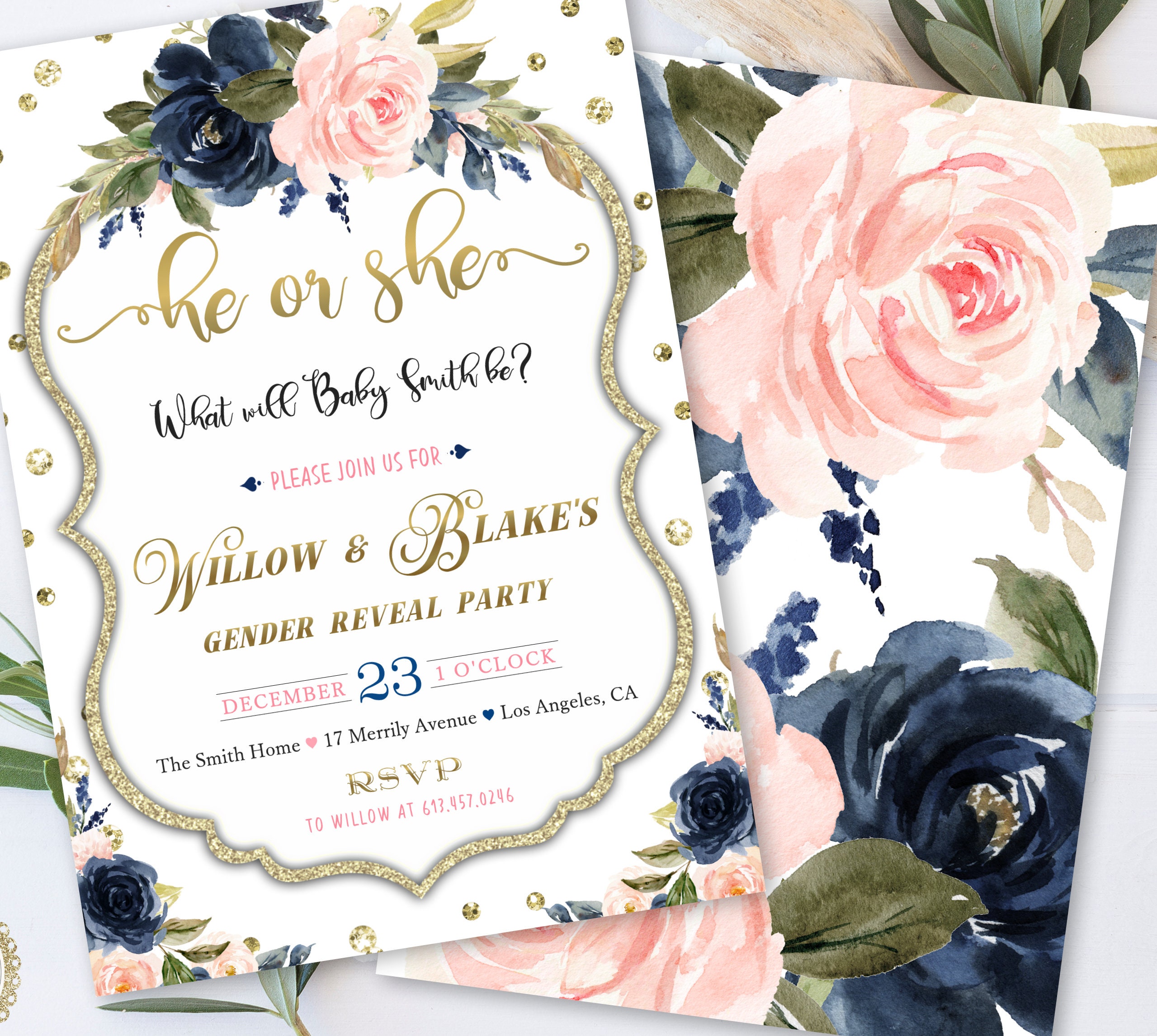 Navy Blue And Blush Pink Gender Reveal Invitation He Or She Etsy