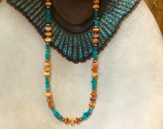 Orange Spiny Oyster Shell + Turquoise Navajo Handmade Womens Necklace ...