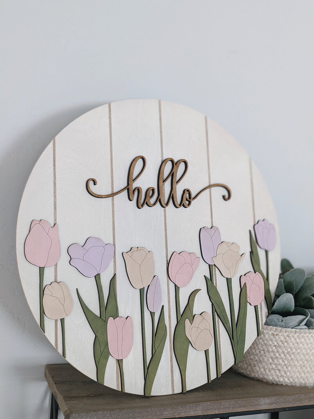 Hello Spring Round Tulips Shiplap Sign - Etsy