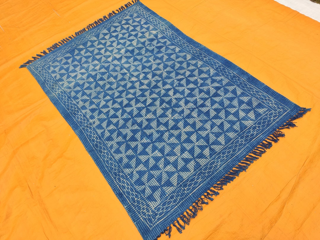 Indigo Block Printed Rug, Handmade Cotton Rug / Hand Woven Block Print ...