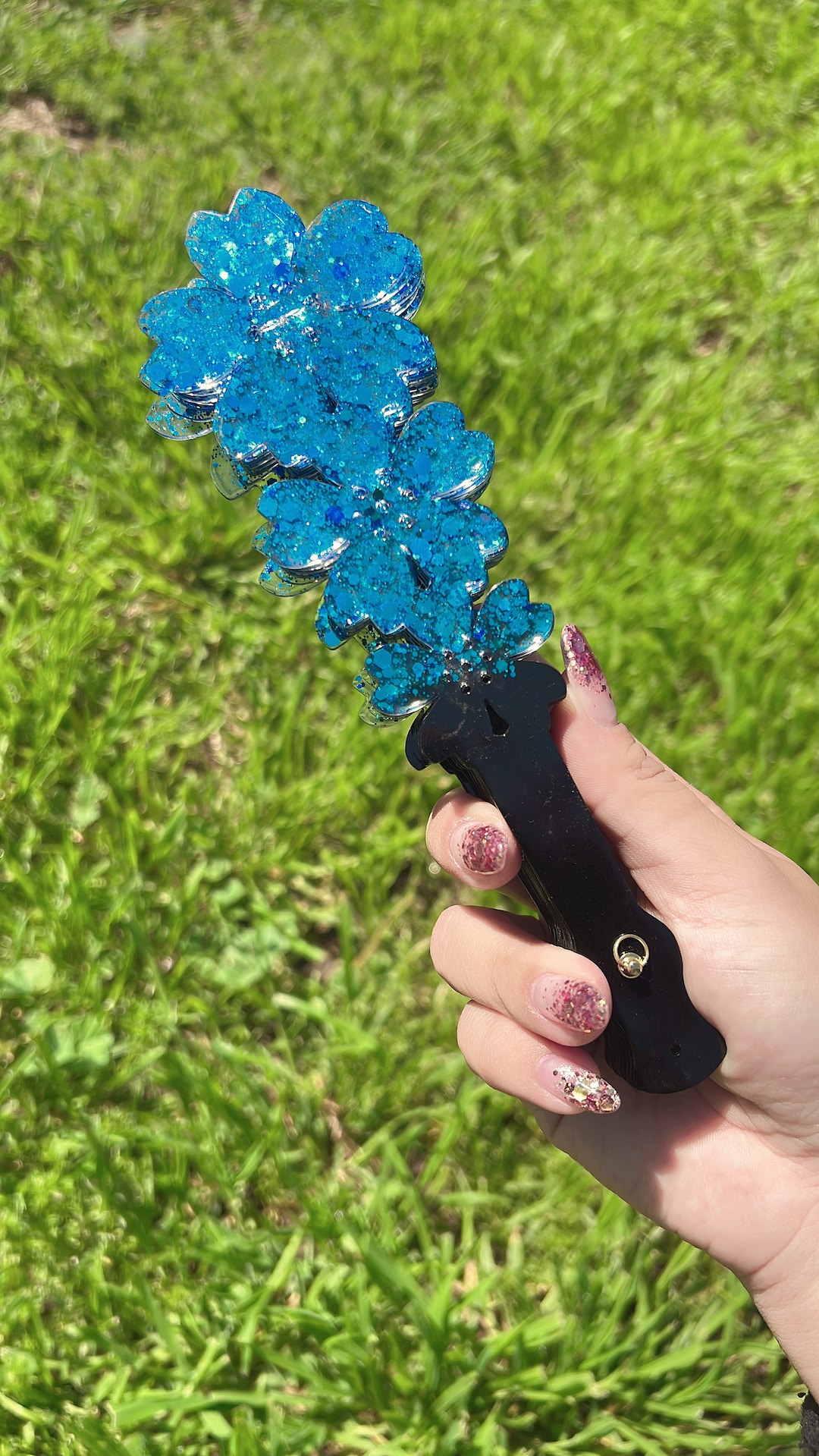 Hand Fan Blue Green Chameleon Glitter Sakura Fan for Wedding Party ...