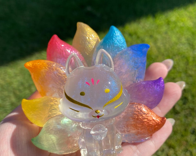Rainbow Sitting Nine Tailed Fox Kitsune Fox Figurine, Gumiho Handmade ...
