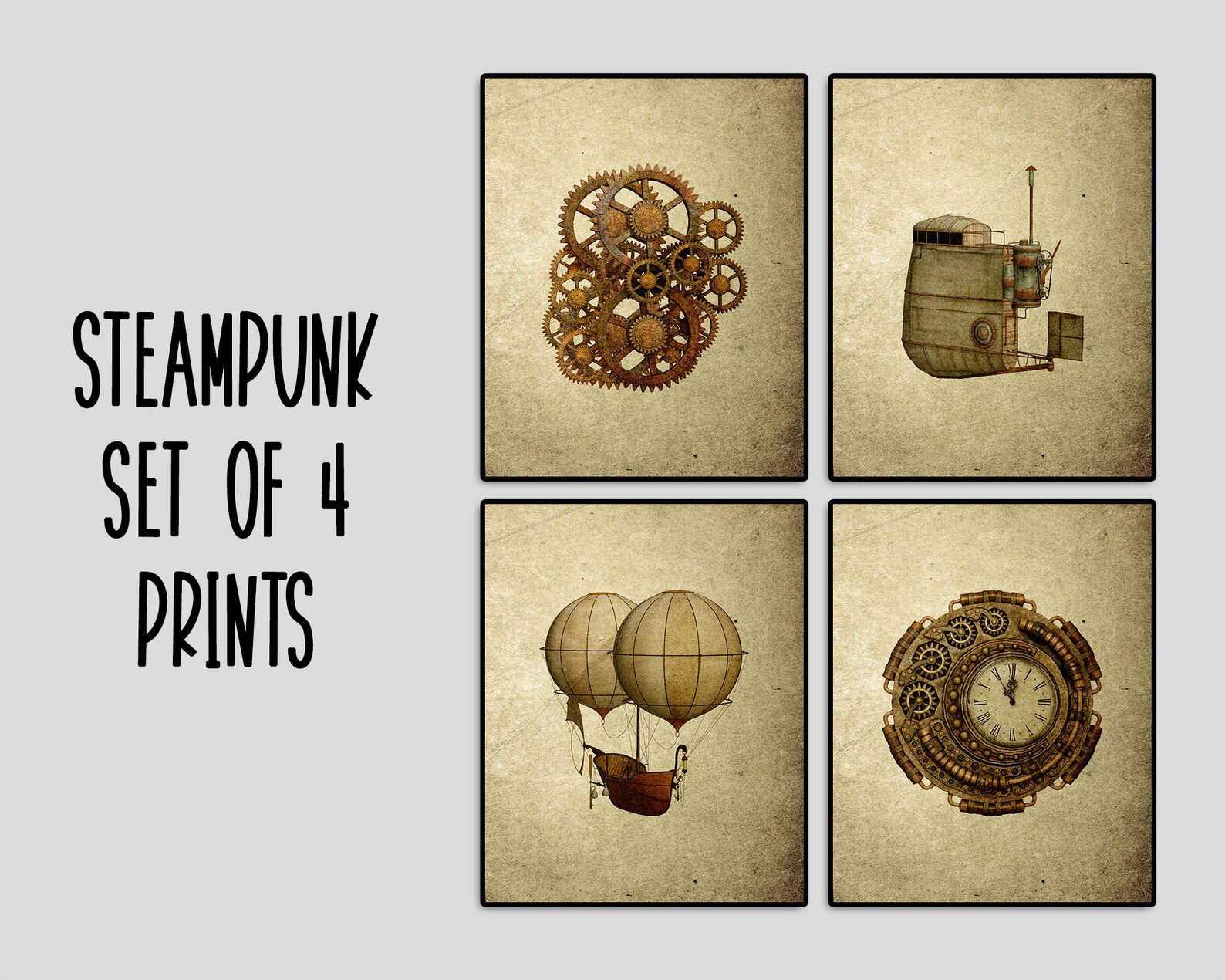 Steampunk Prints Set of 4 - Machinery Posters - Bedroom Wall Art ...