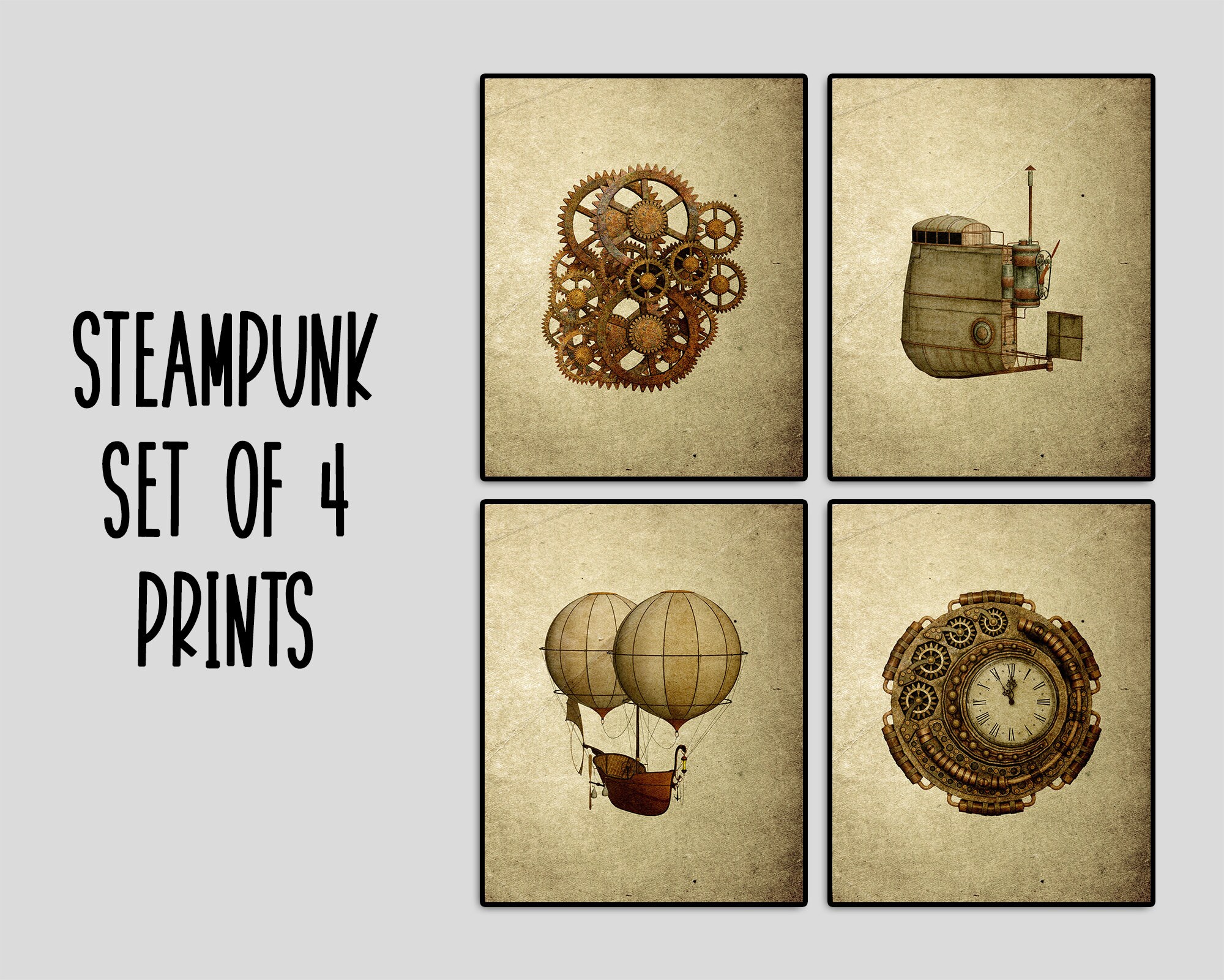 Steampunk Prints Set of 4 - Machinery Posters - Bedroom Wall Art ...
