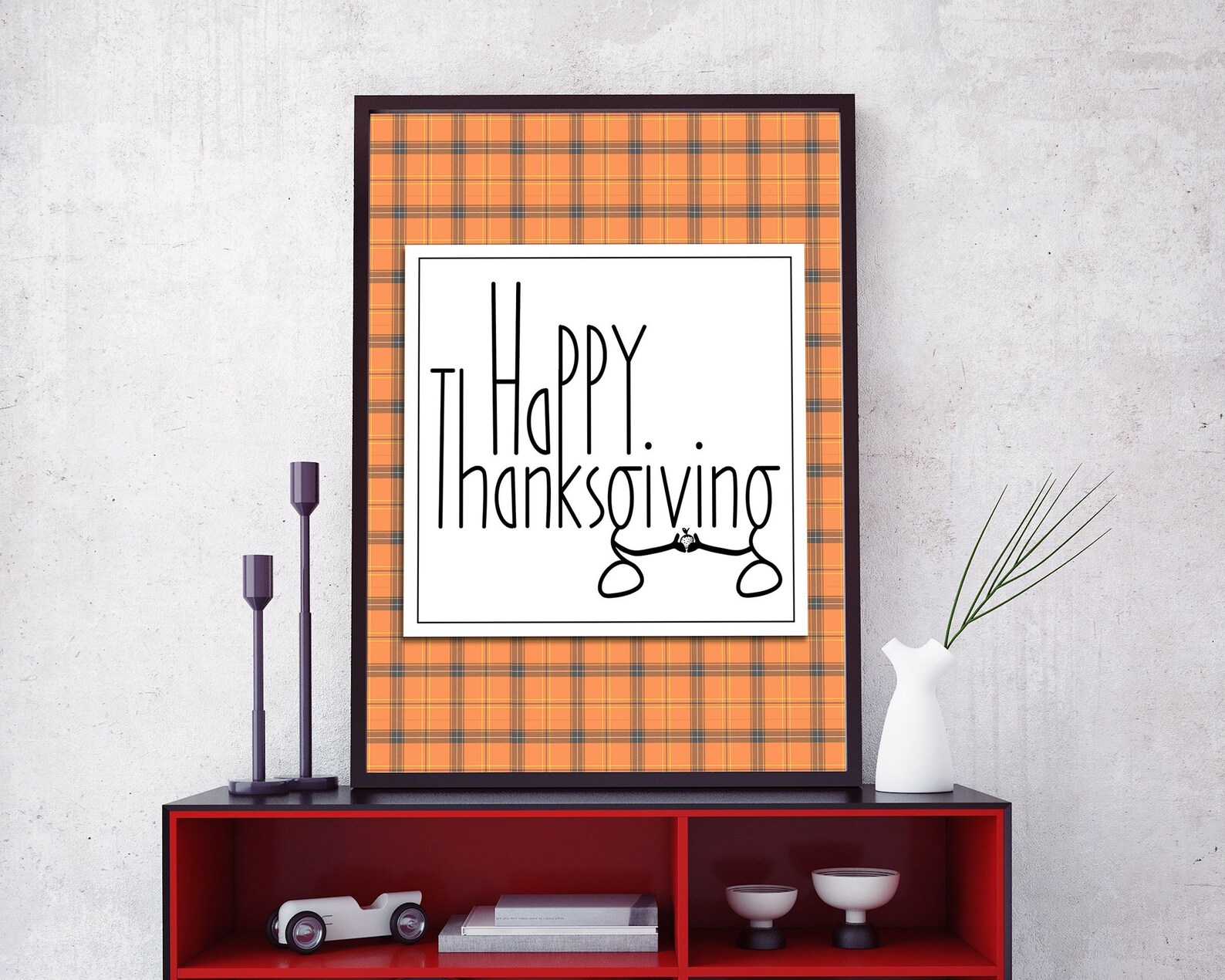 Happy Thanksgiving PRINTABLE Wall Art Orange Buffalo Plaid | Etsy