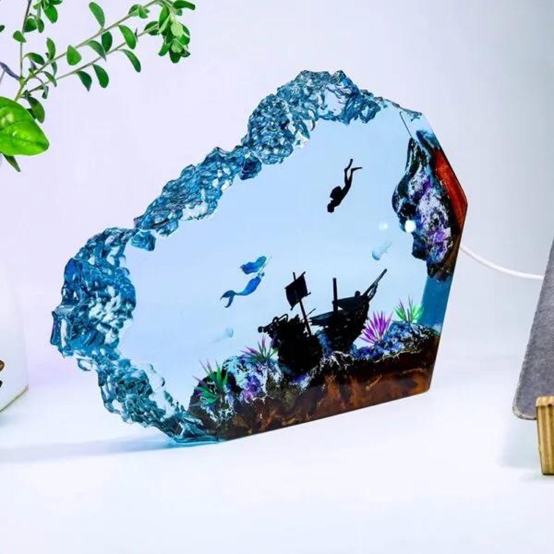 Little Mermaid & Human Epoxy Resin Wood Night Light, Large Epoxy Resin ...
