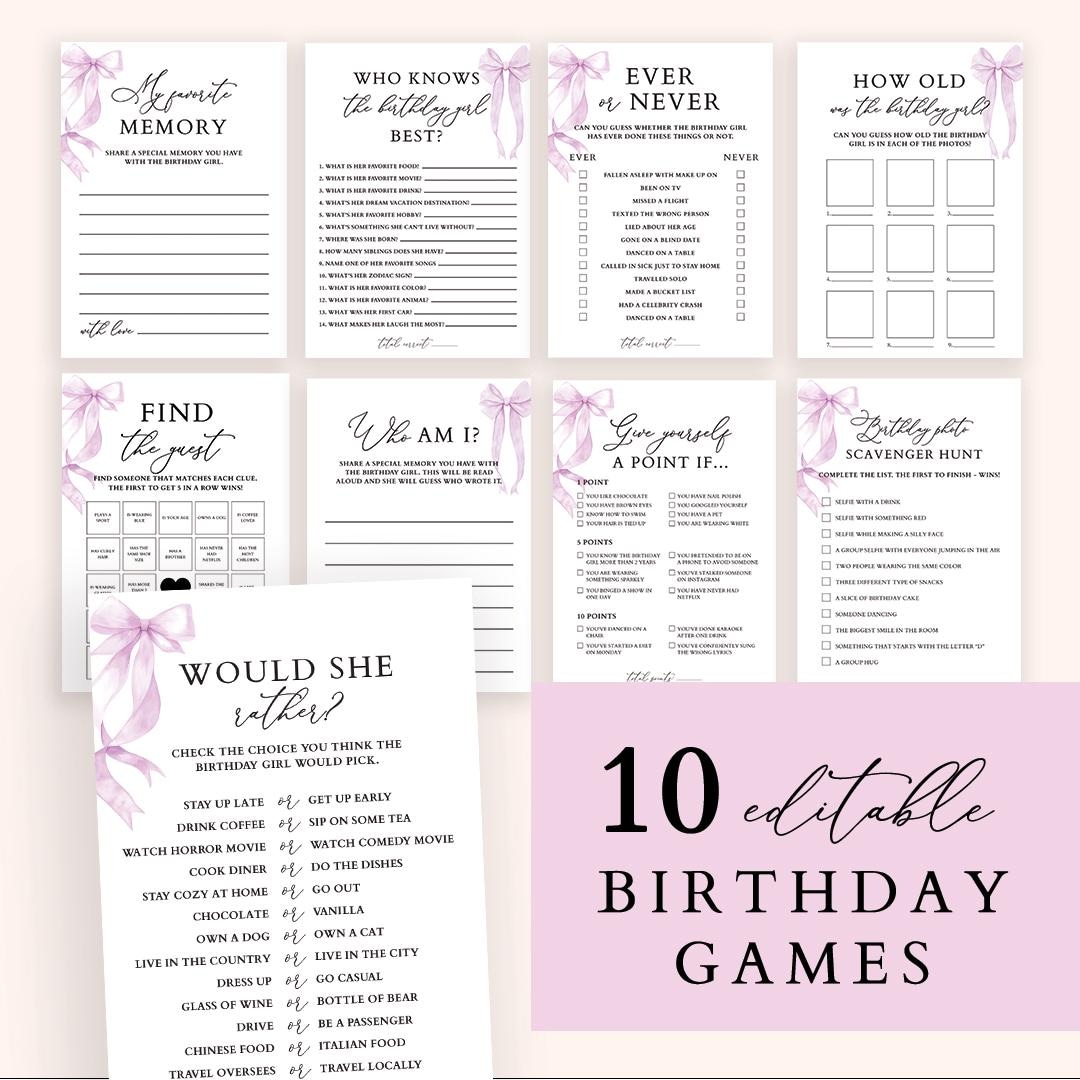 Birthday Games for Birthday Girl, Purple Bow Birthday Party, Editable ...