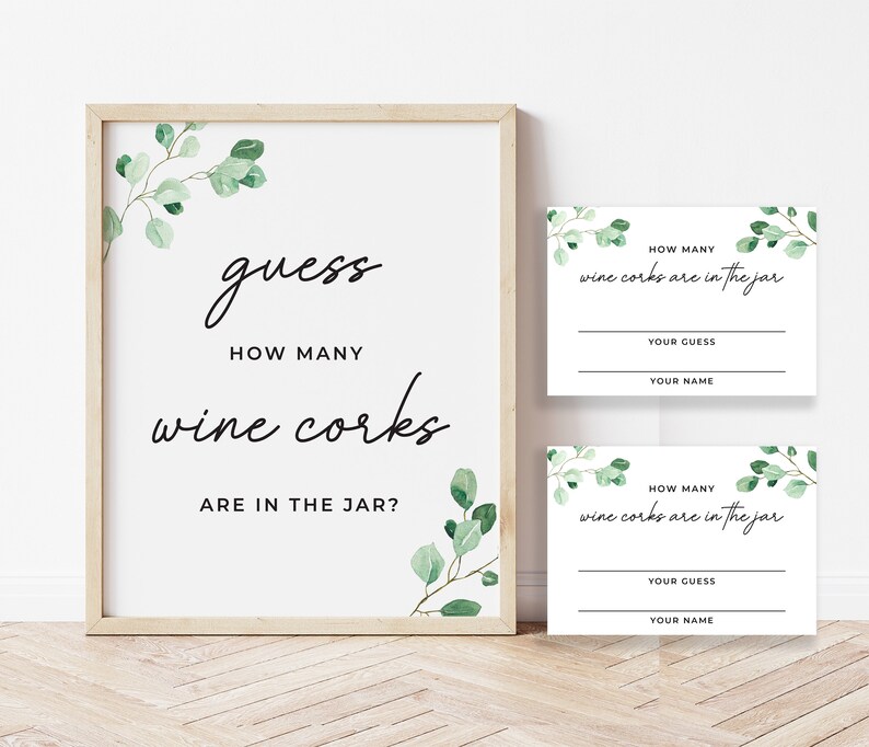 Guess How Many Corks Cards and Sign Printable Greenery Bridal - Etsy