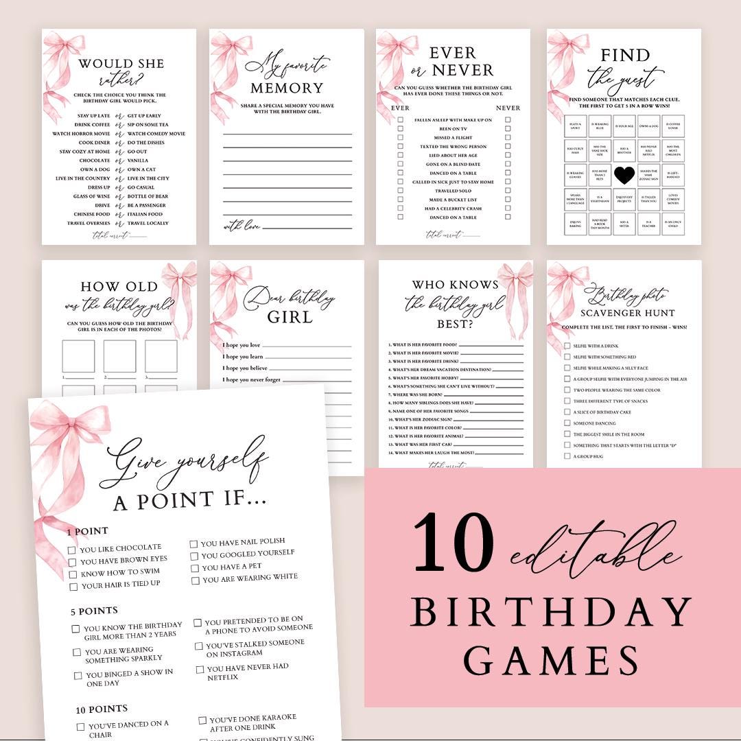 Birthday Games for Birthday Girl, Pink Bow Birthday Party Games Bundle ...