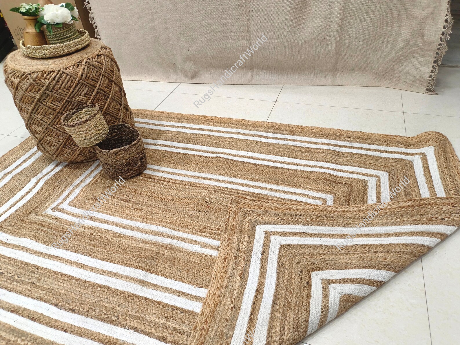 Jute Rug , Jute Runner - Square Bohemian Jute Rug, Jute Runner Rug ...