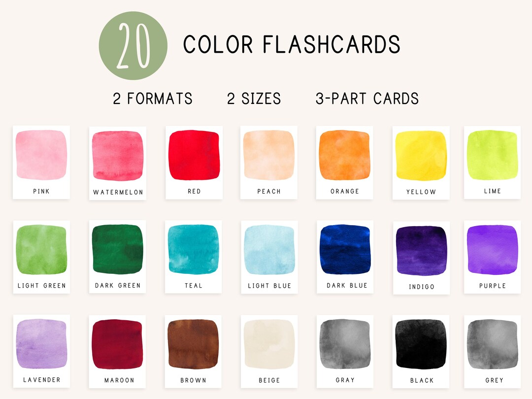 20 Color Cards Watercolor Early Learning Flashcards Montessori Cards ...