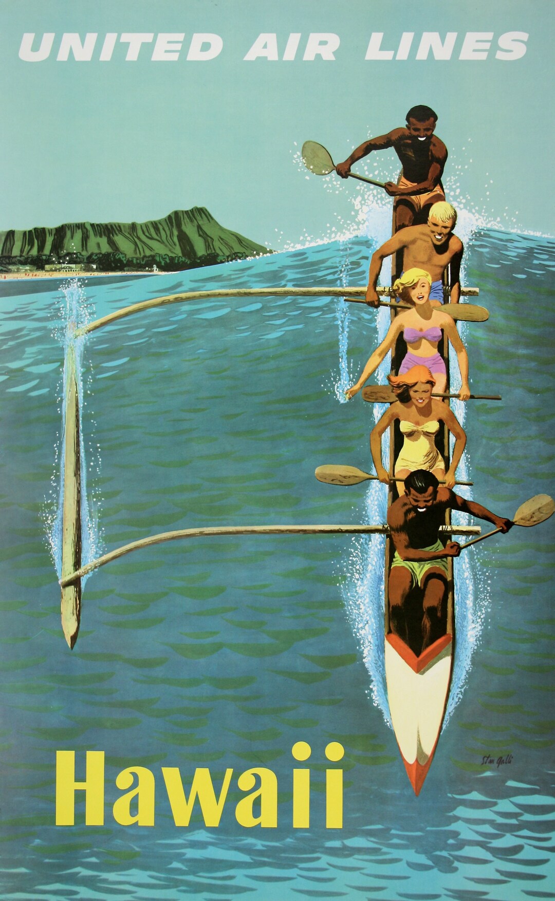 Original Vintage Stan Galli Poster United Air Line Hawaii Canoe C1960 ...