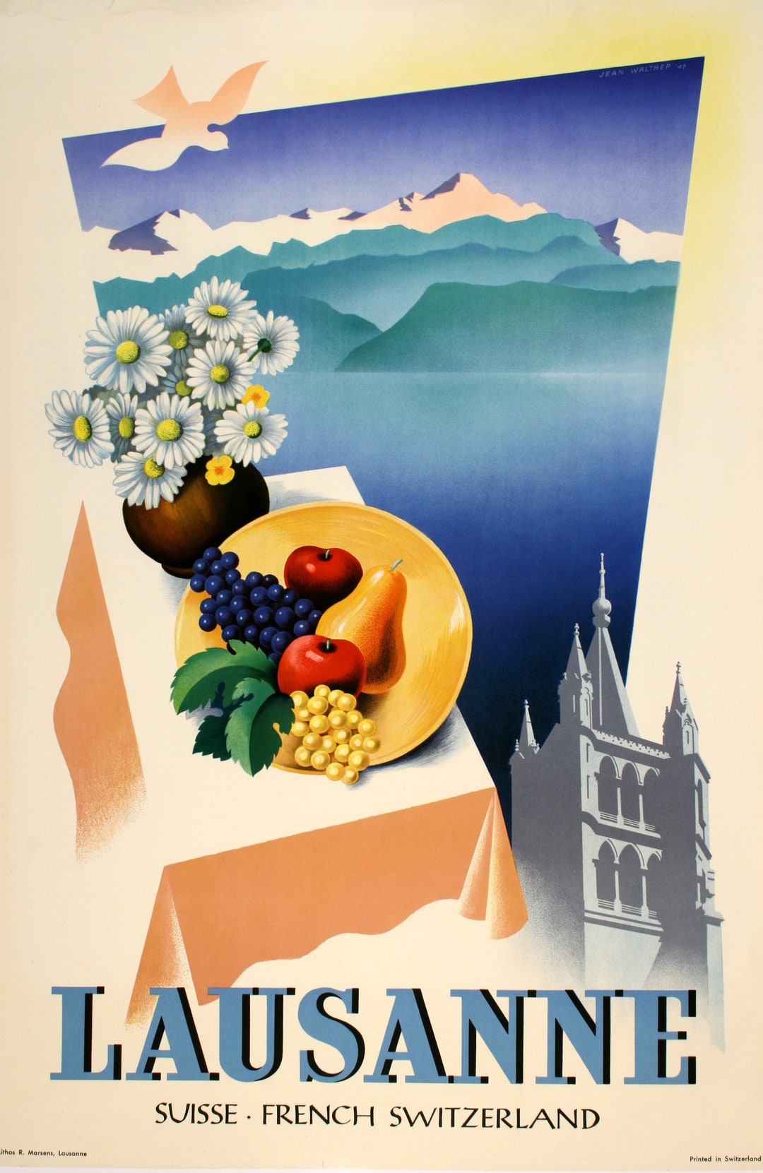 Original Vintage Swiss Travel Poster Lausanne Cathedral by Walther 1947 ...
