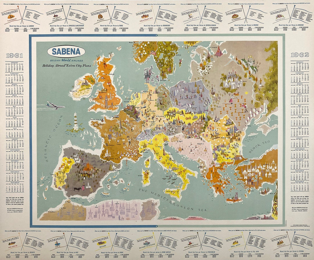 Original Vintage Sabena Map of the World 1962 Belgian Airlines - Etsy