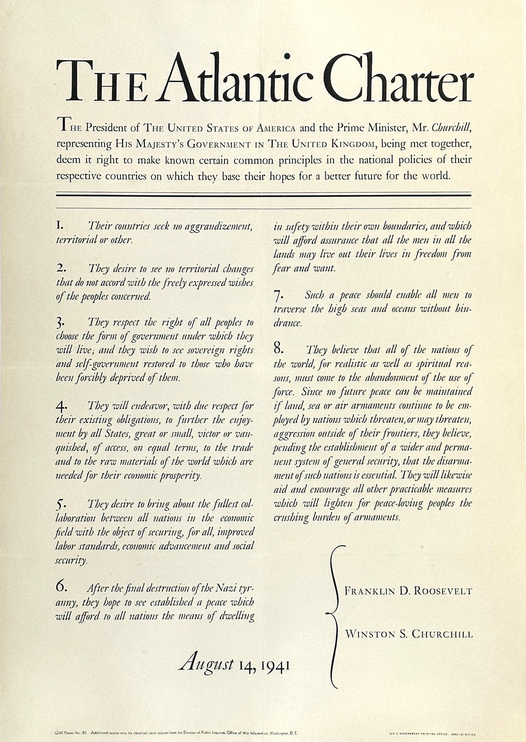 Original Vintage WWII Atlantic Charter Poster Roosevelt Churchill 1941 ...