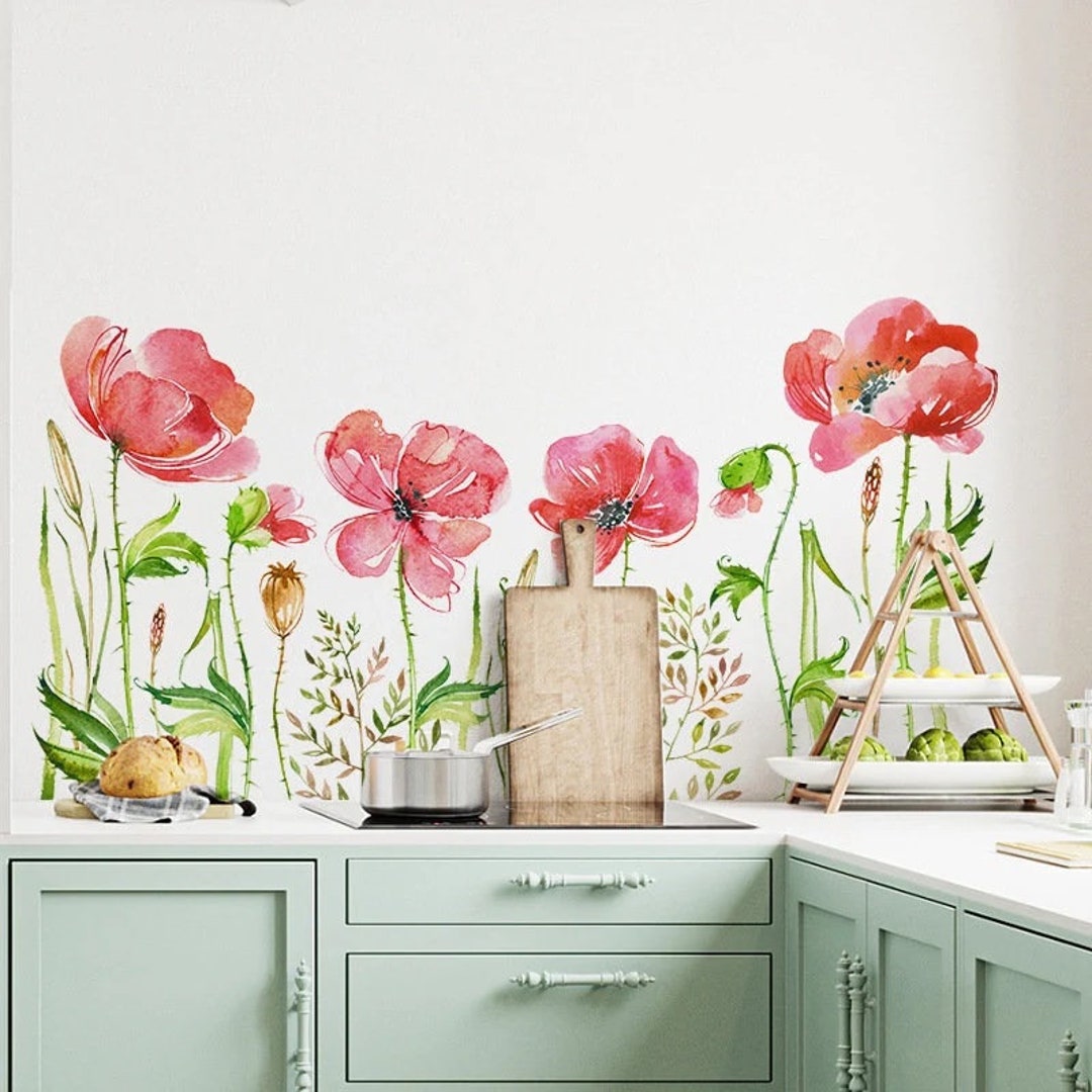Red Poppies Flowers Wall Decal, Floral Wall Sticker, Peel and Stick ...