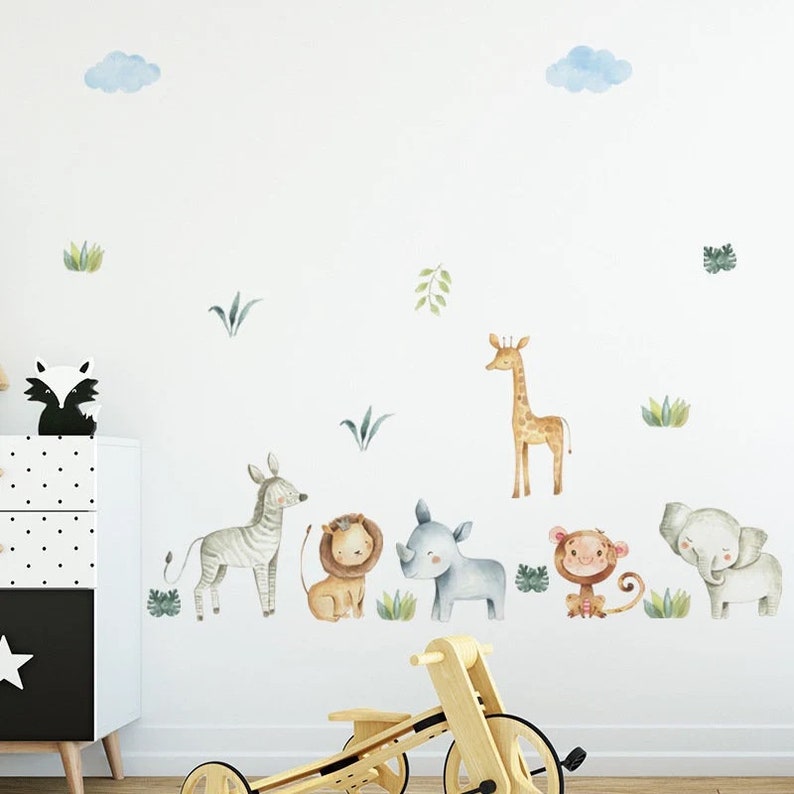 Wall Decals Safari Animals, Cute Animals Baby Nursery Wall Decor, Peel ...