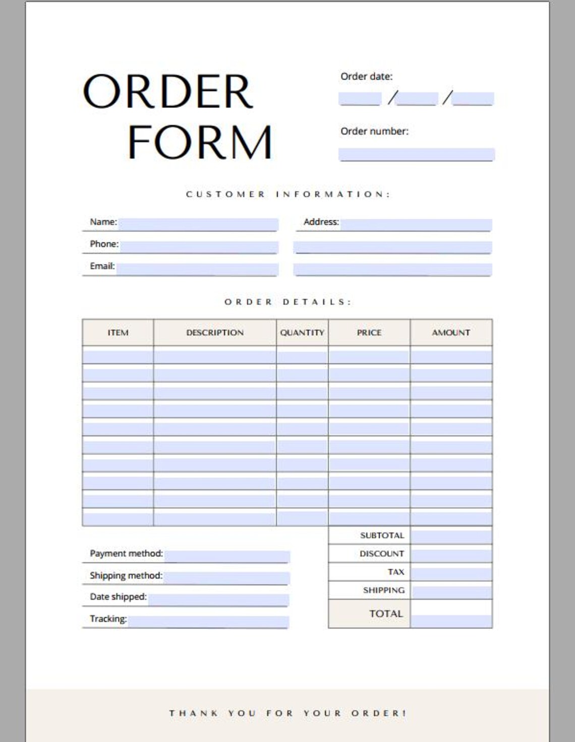 Fillable Order Form Template Printable, Order Form for Small Business ...