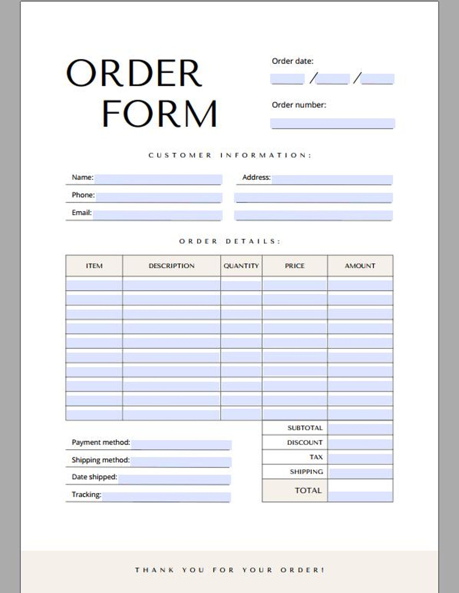 Fillable Order Form Template Printable, Order Form for Small Business ...