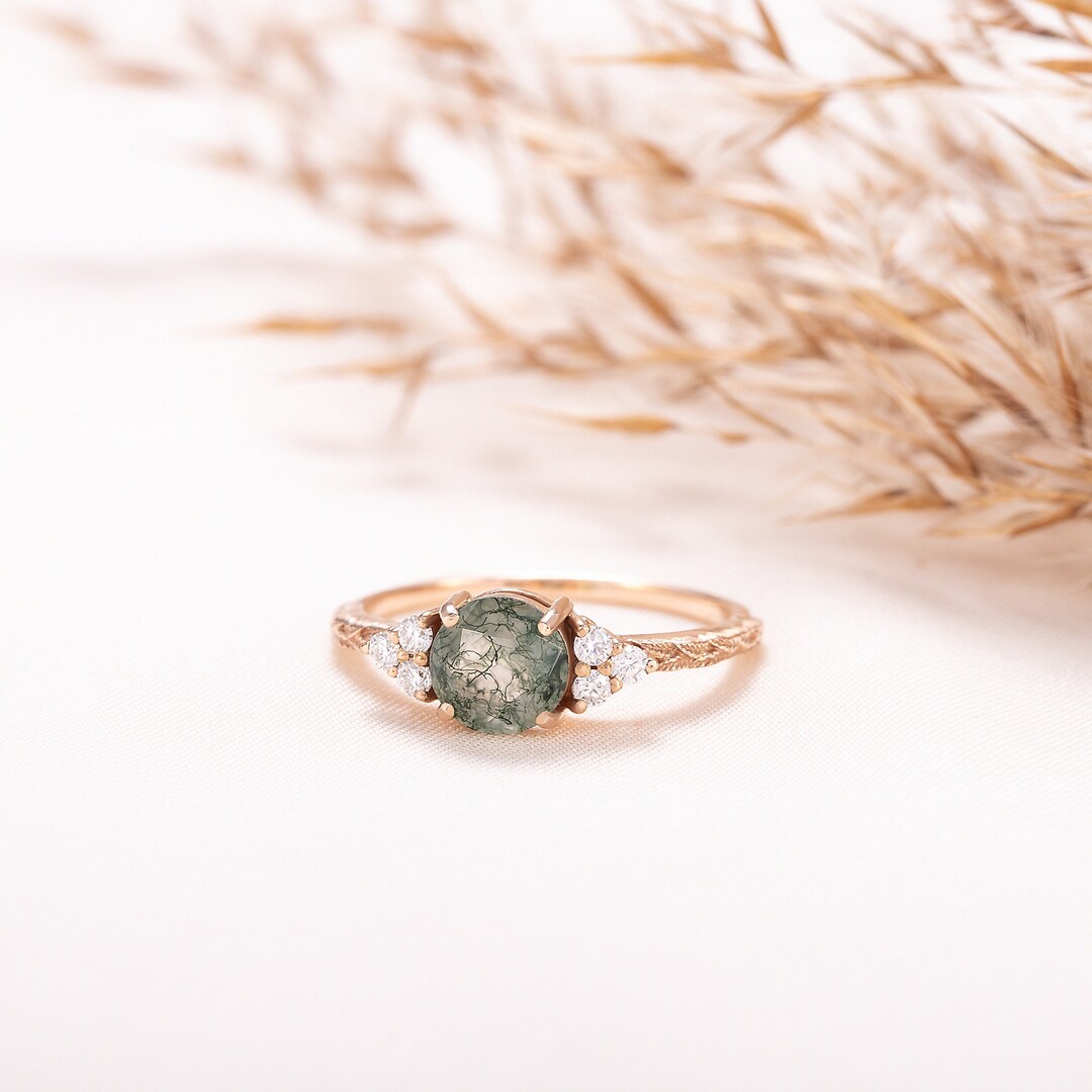 Women 1ct Moss Agate Engagement Ring, Unique & Dainty Moss Agate ...