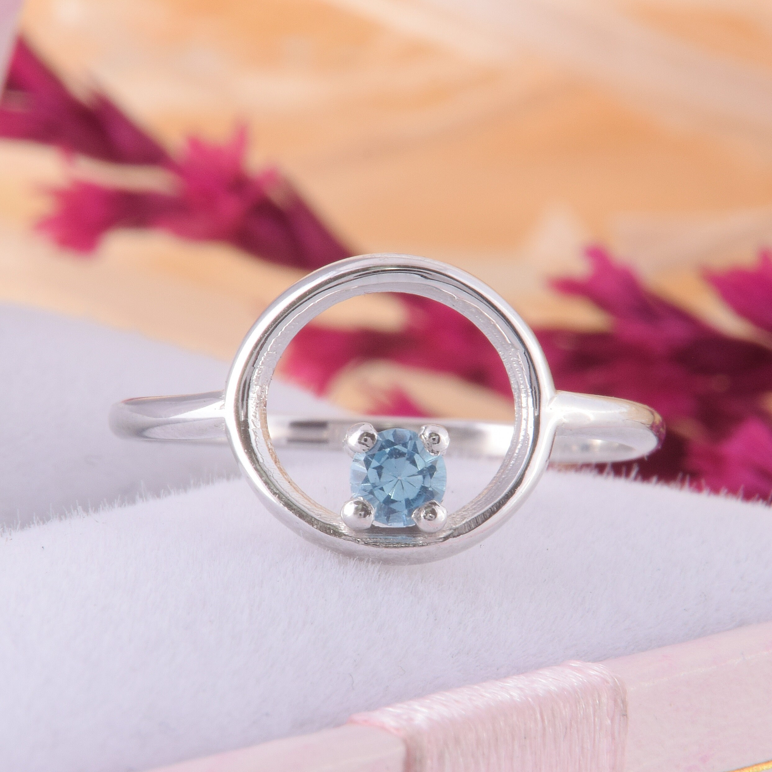 Simple round circle sterling silver ring Blue topaz promise | Etsy