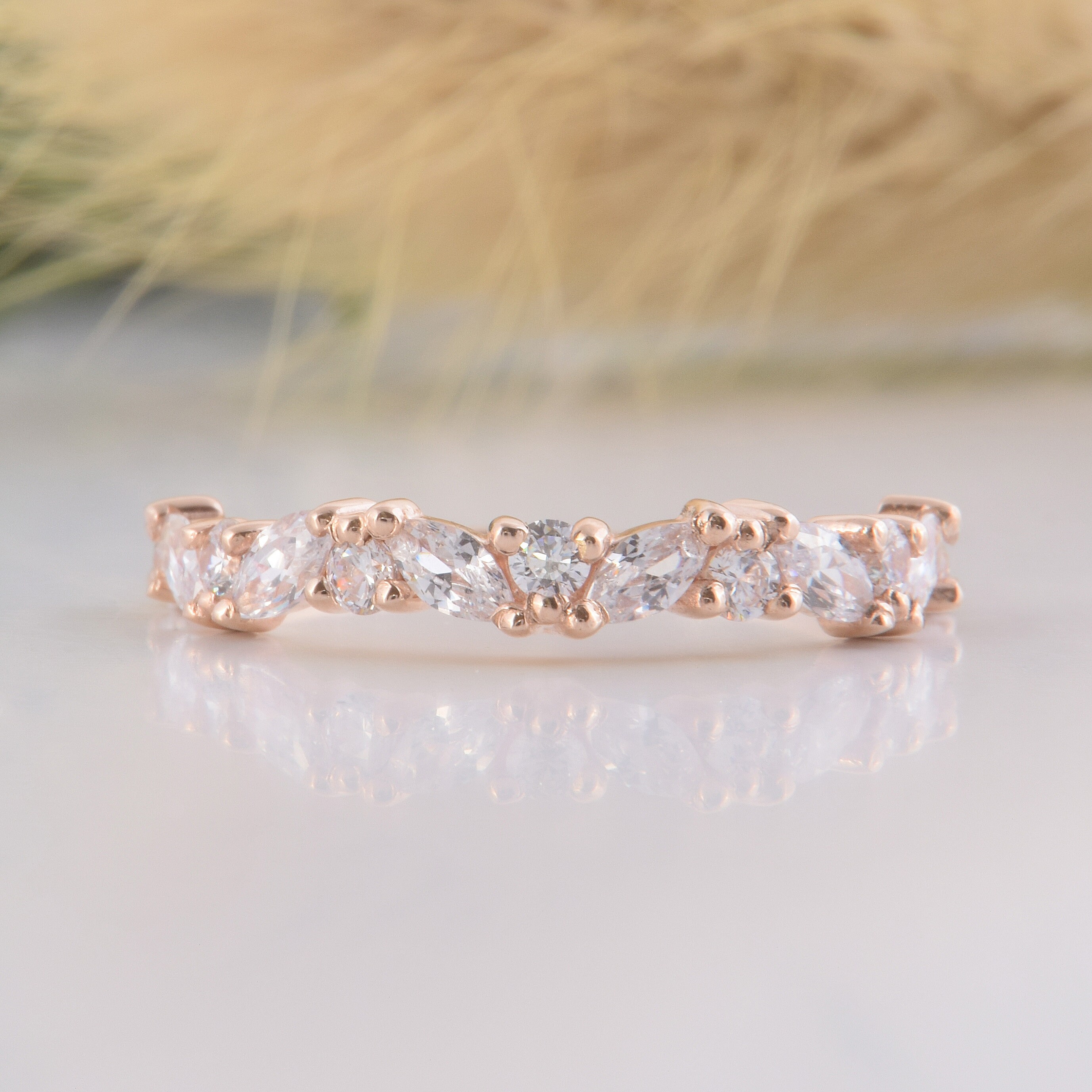 Dainty 14k Rose Gold Unique Marquise Cluster Womens Wedding Band ...