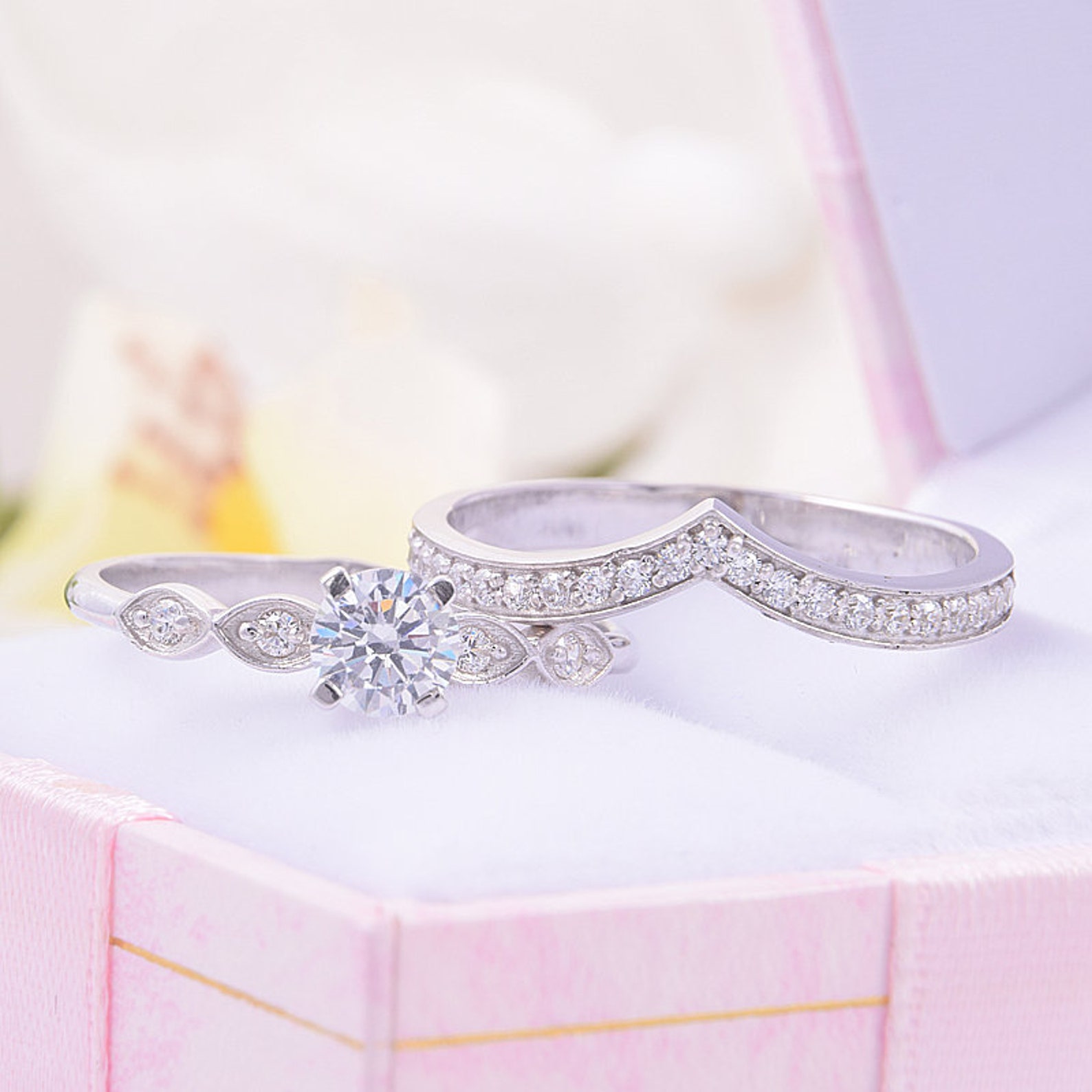 Womens Art Deco Wedding Rings Set Silver Antique Wedding | Etsy