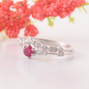 Small & Dainty Art Deco Ruby Wedding Rings Set, Unique Sterling Silver ...