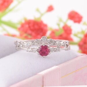 Small & Dainty Art Deco Ruby Wedding Rings Set, Unique Sterling Silver ...