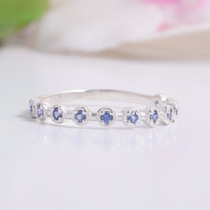 Small & Simple Blue Sapphire Silver Wedding Band, Unique Dainty Womens ...