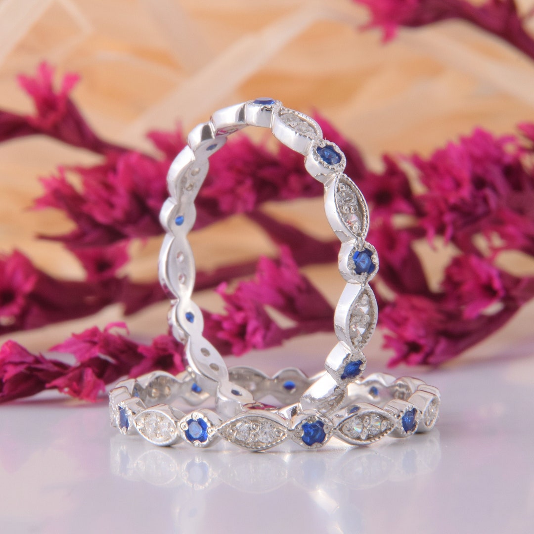 Sapphire Wedding Rings Set, Womens Wedding Bands Set, Unique Wedding ...